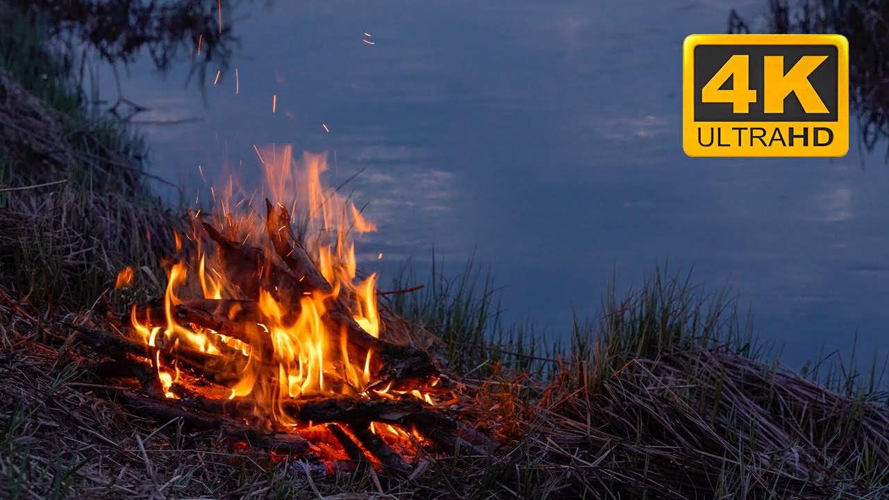 🔥 4K Campfire by the River at Night Ambience. Relaxing Campfire with ...