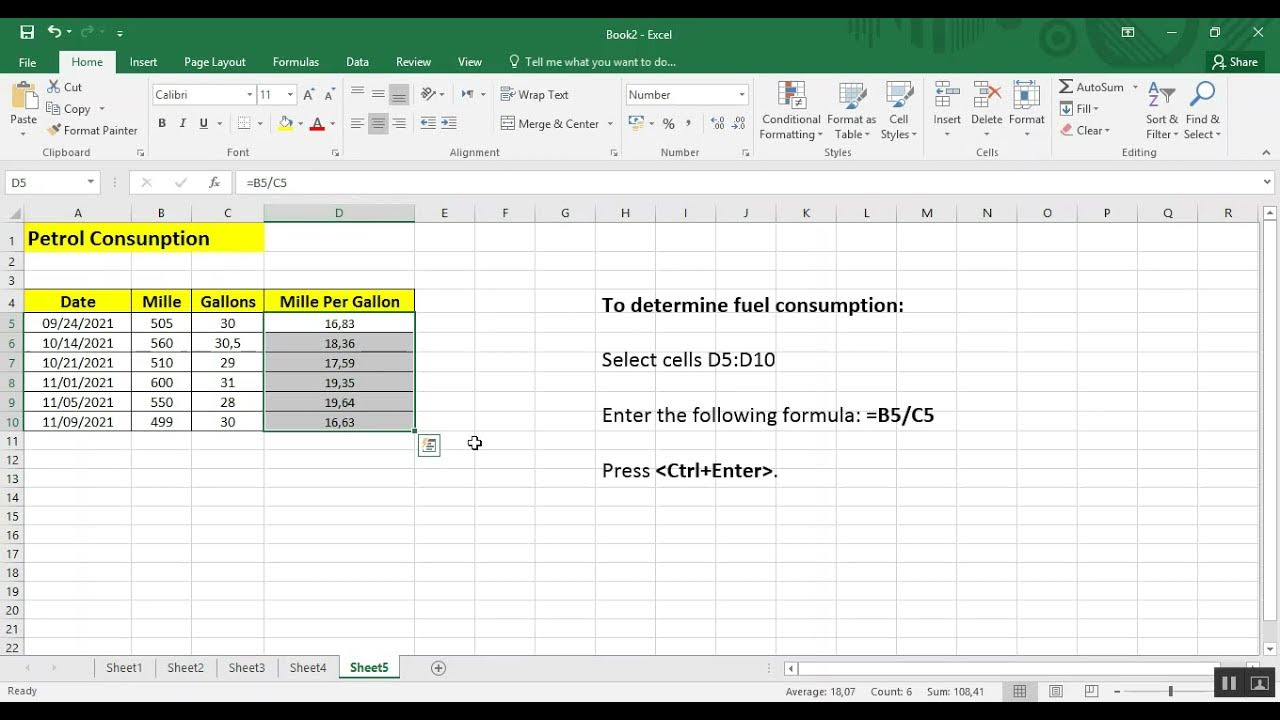 Determine Fuel Consumption Using Excel Youtube