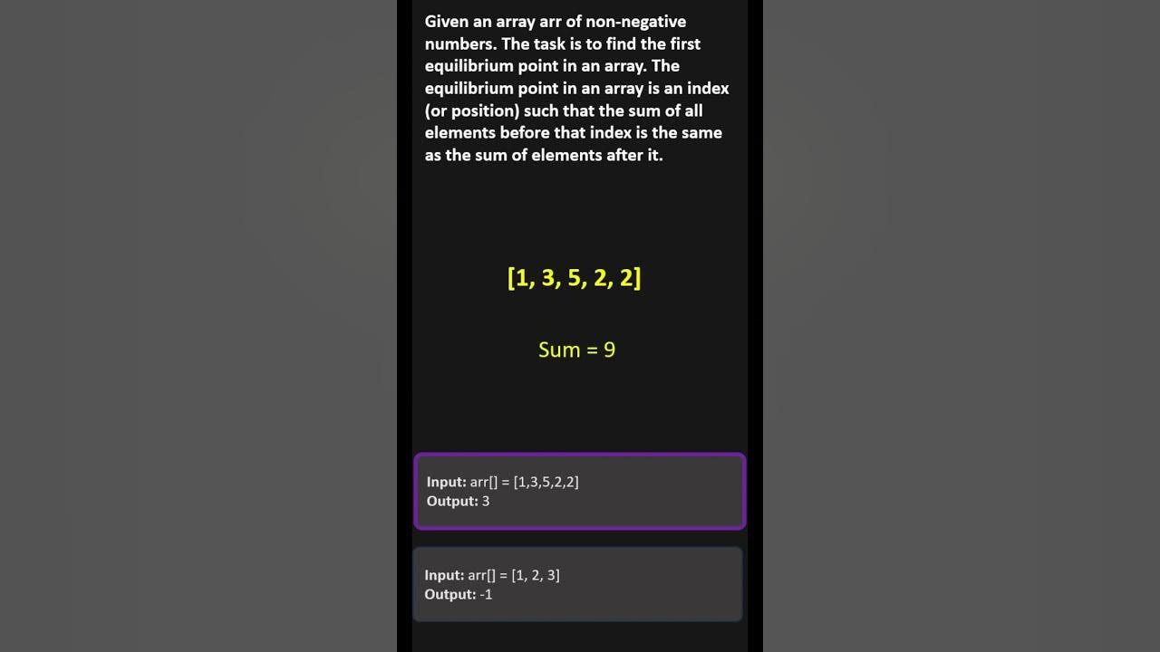 equilibrium point in a Array leetcode: 724Find Pivot Index gfg: equilibrium point #leetcode #gfg ...