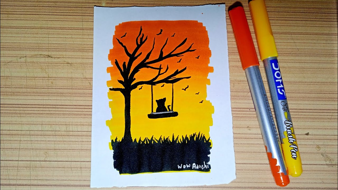 Sunset painting with Dom's brush pen /Sunset island painting for ...