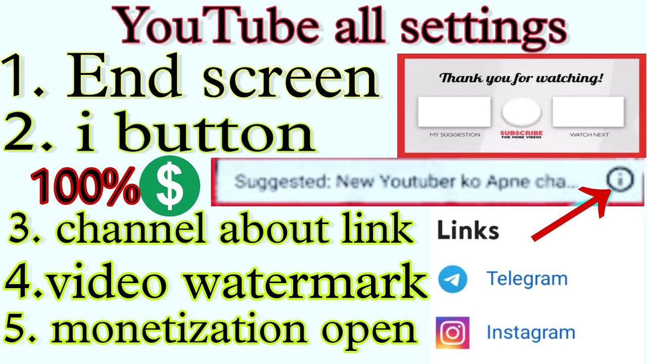 YouTube All settings || end screen , i button , channel per Instagram ...
