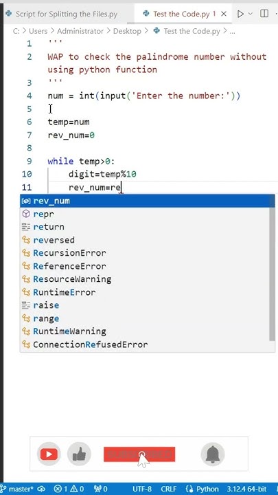 #10 - Write a program to check the number is palindrome or not without using function - YouTube