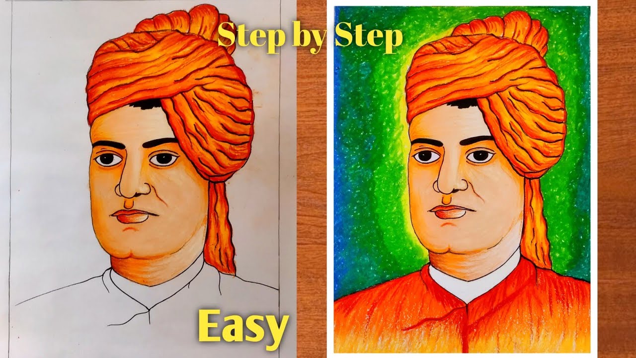 Swami Vivekananda Drawing , Oil pastel drawing, Step by step Tutorial ...