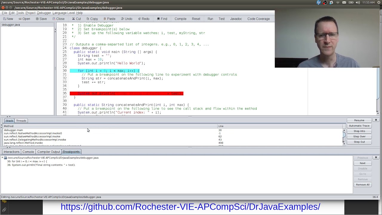 DrJava Debugger Breakpoint & Resume - YouTube