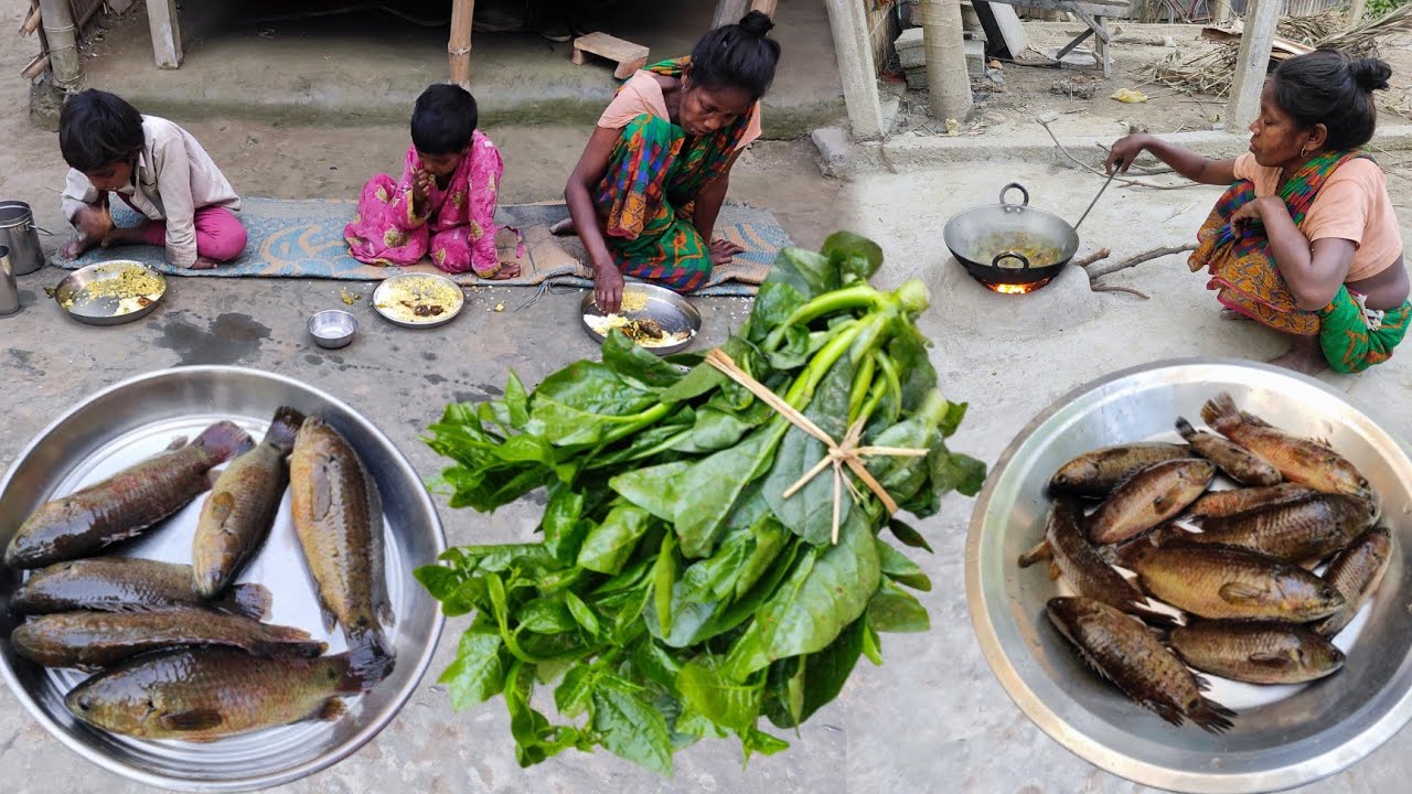 How santali mother COOKING PAKA KOI FISH recipe with fresh PUI SHAK ...