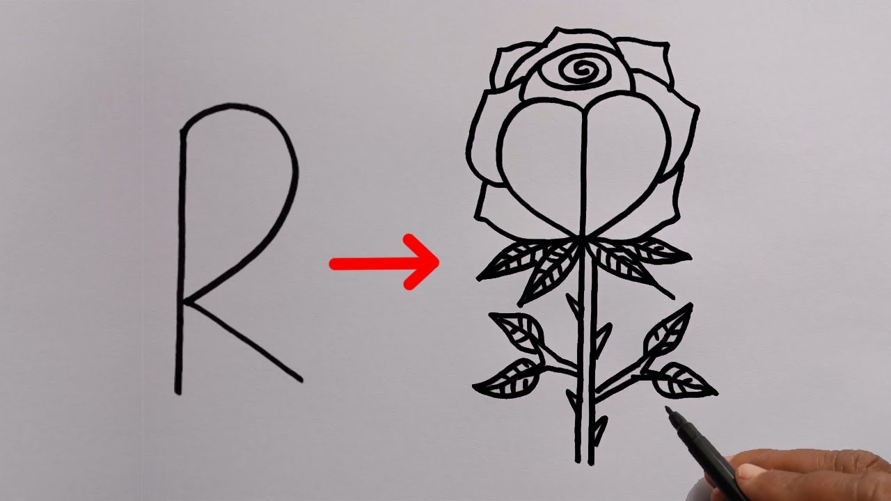 How To Turn R Latter In Rose Drawing | How To Draw Rose Drawing With R ...