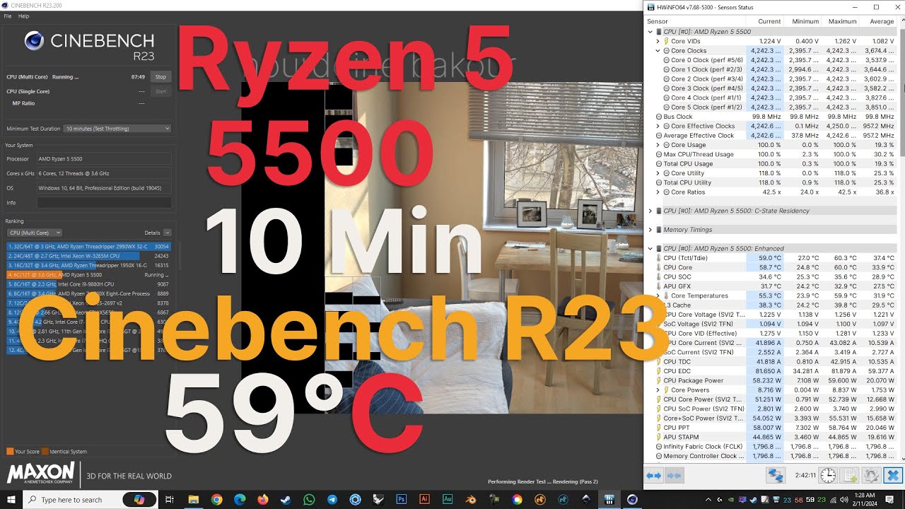 Ryzen 5 5500 Cinebench R23 (10 min) DeepCool AK620 - YouTube