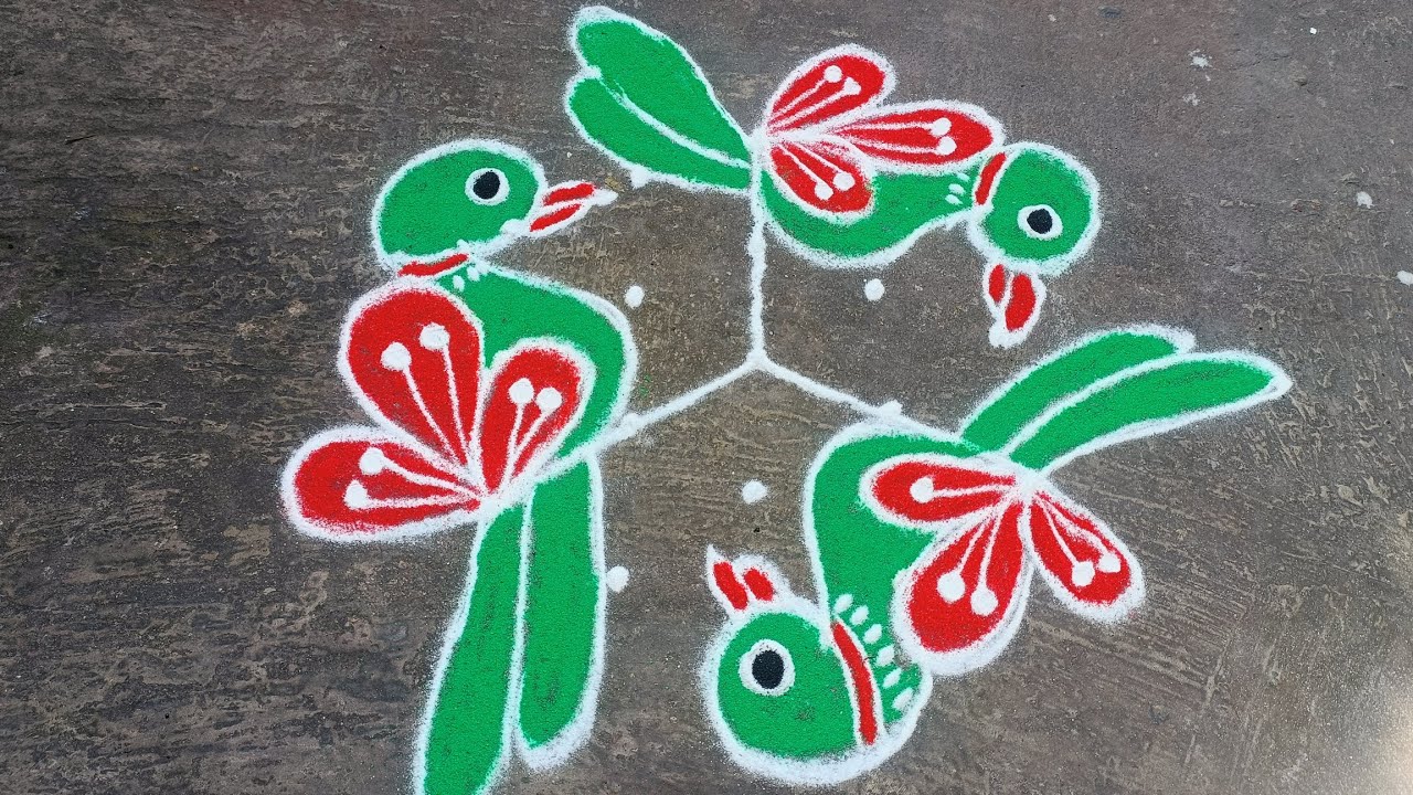 amazing parrot rangoli design| bird rangoli with dots| unique bird ...