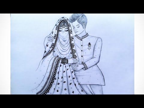 Couple drawing || How to draw a Muslim wedding Couple - step by step ...