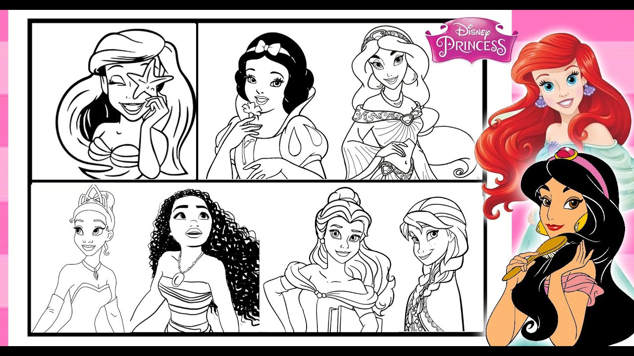 DISNEY PRINCESS Group Together Coloring Page ARIEL SNOW WHITE BELLE ...