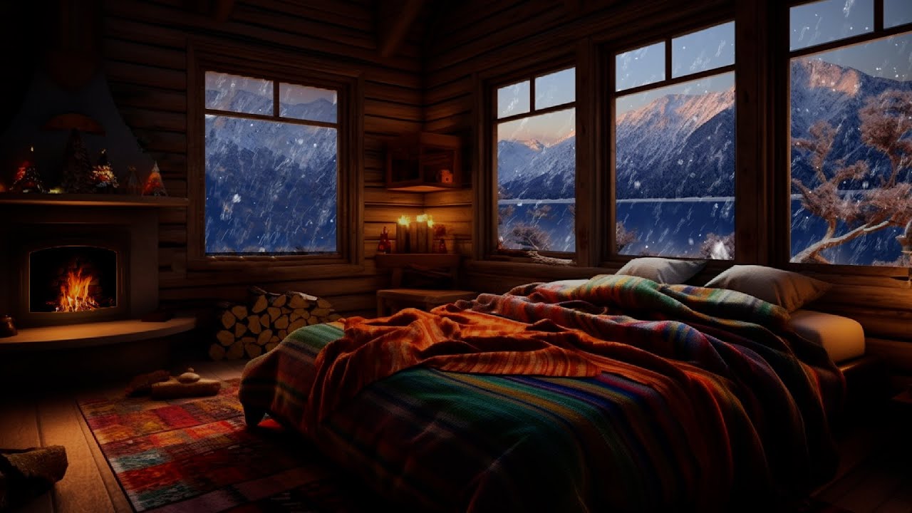Deep Sleep with Relaxing Snowstorm | Cozy Winter Living Room, Snowfall ...
