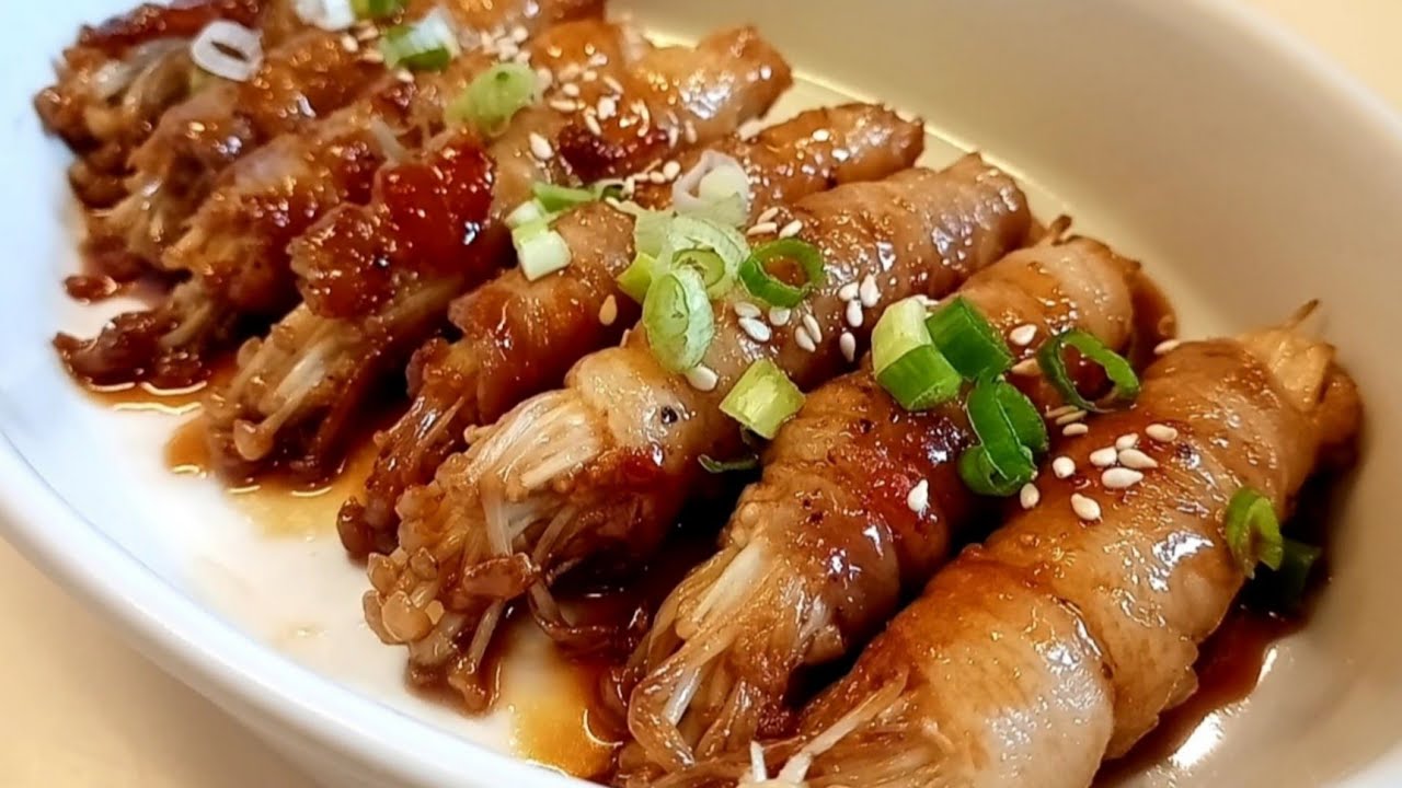 Super Easy Rolled Pork Enoki with Teriyaki Sauce Recipe - YouTube
