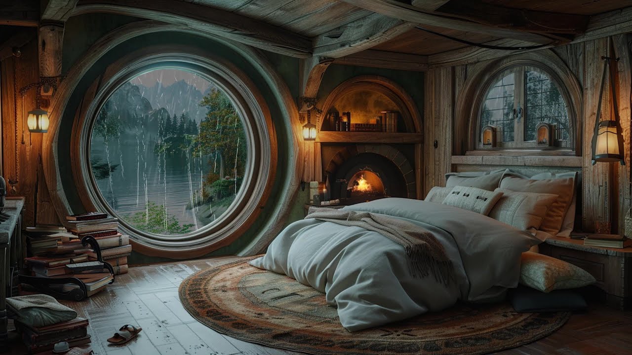 Rain Sound To Sleeping - Deep Sleep Ambience in Cozy Hobbit Room with ...