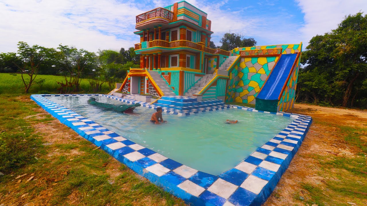 Building Creative 4-Story Mud Villa House ,Water Slide & Design ...