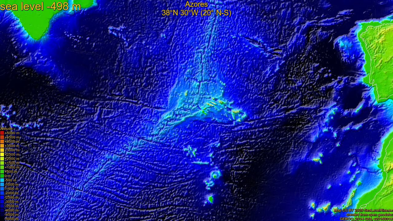 Azores, sea level change 0 - -4000 m - YouTube