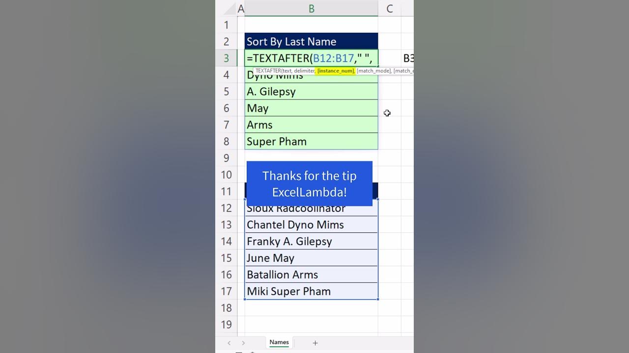 Excel Formulas Sort By Last Name, Names My Have Middle Name #Short Excel Magic Trick 15 - YouTube