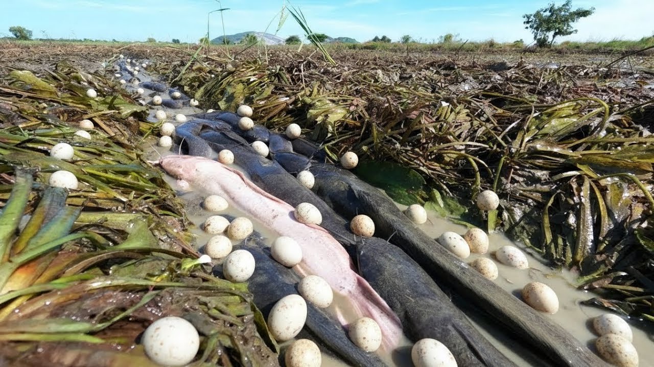 Skills Fishing - Fisherman catch a lot of fish in mud water & pick eggs ...
