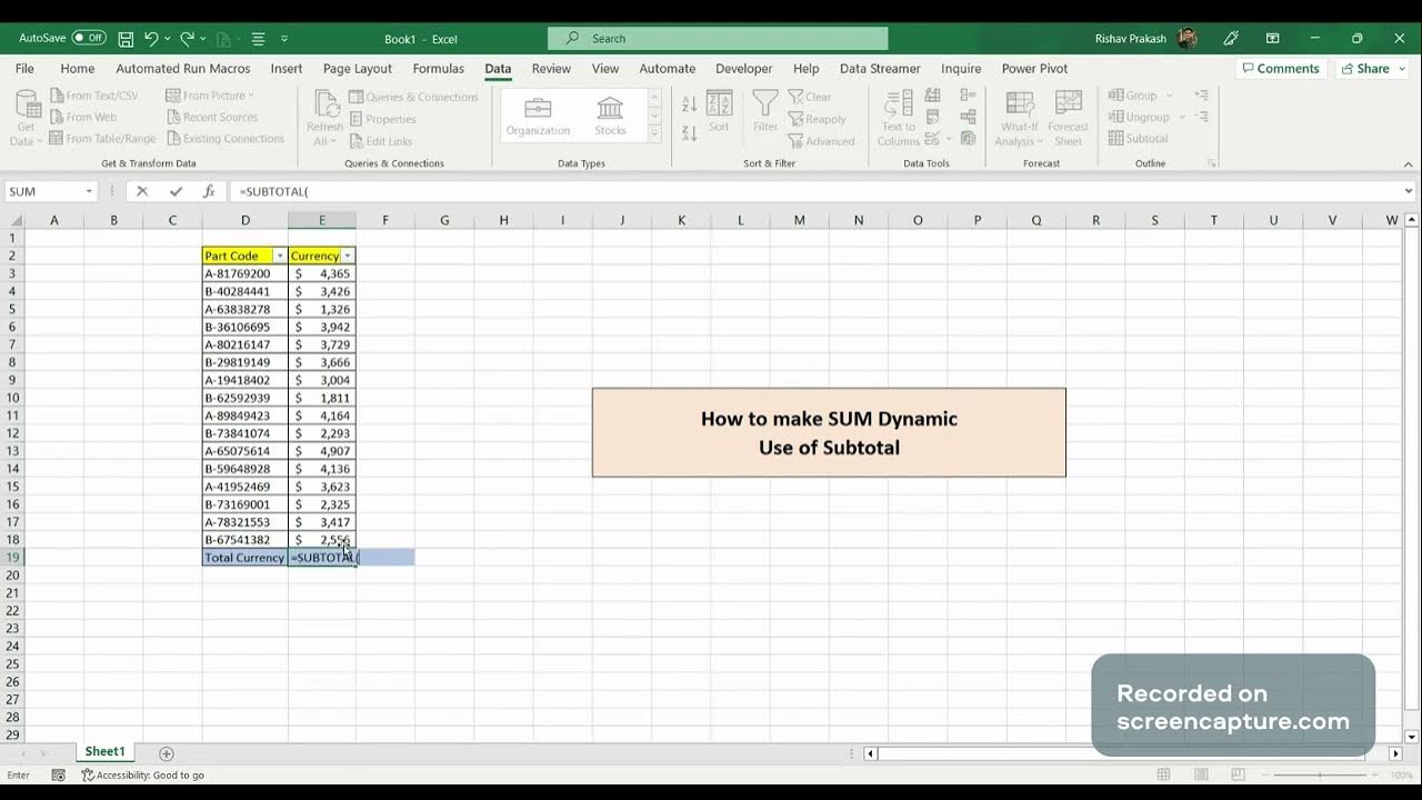 Use of SUBTOTAL for SUM|| DYNAMIC SUM Excel me kaese karein? Easy Excel| - YouTube