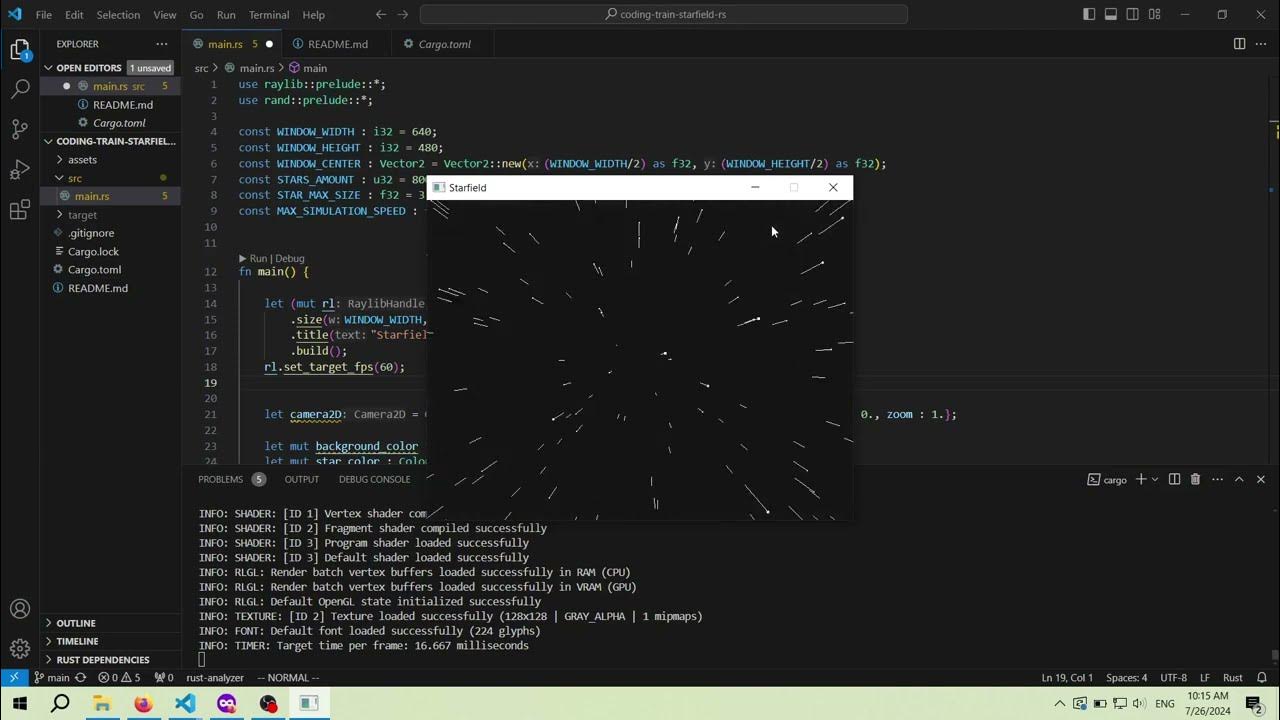 The Coding Train - Starfield Simulation using Rust and Raylib safe rust bindings - YouTube