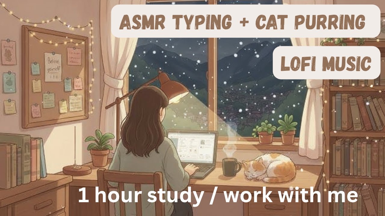 Study with me cozy animation (ASMR Typing + cat purring) - YouTube