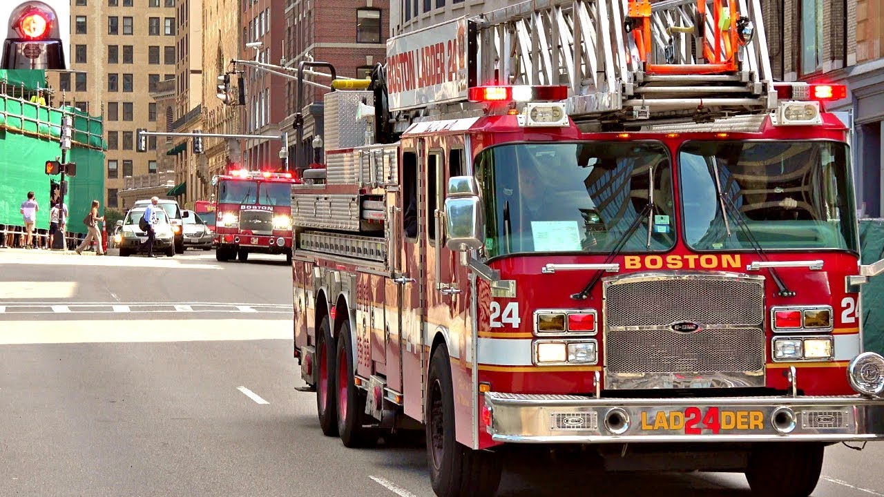 Boston Fire Department Ladder 24 + Engine 4 Responding Lights and ...