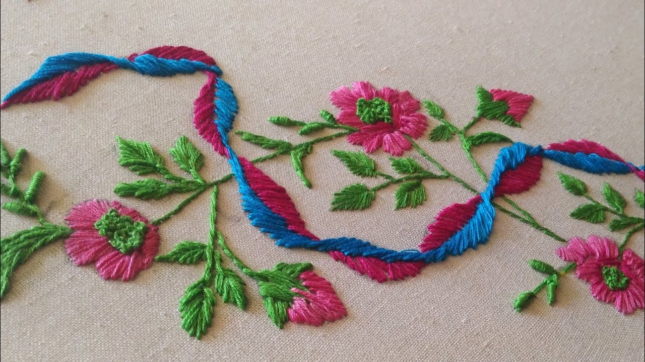 roses with bud design in hand embroidery - YouTube
