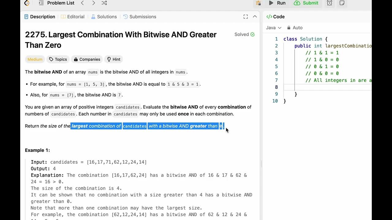 2275. Largest Combination With Bitwise AND Greater Than Zero - YouTube