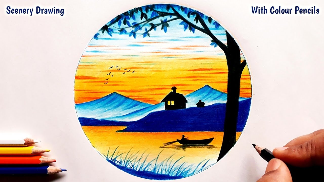 Pencil Colour Drawing - Of Landscape Scenery | Evening Scenery Easy ...