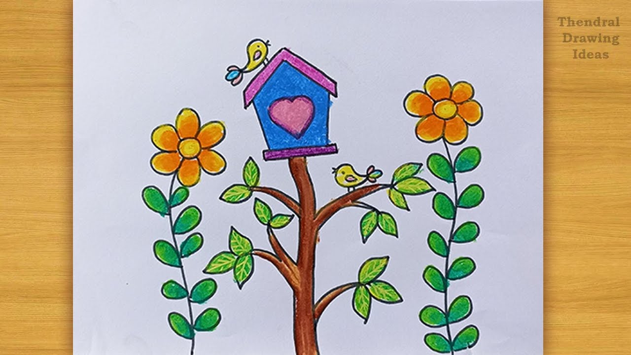 How to draw bird house drawing / simple bird house drawing - YouTube