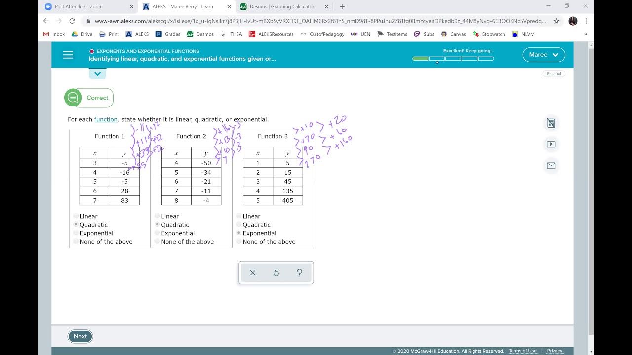 Identifying Linear Quadratic And Exponential Functions Given Ordered Pairs Youtube