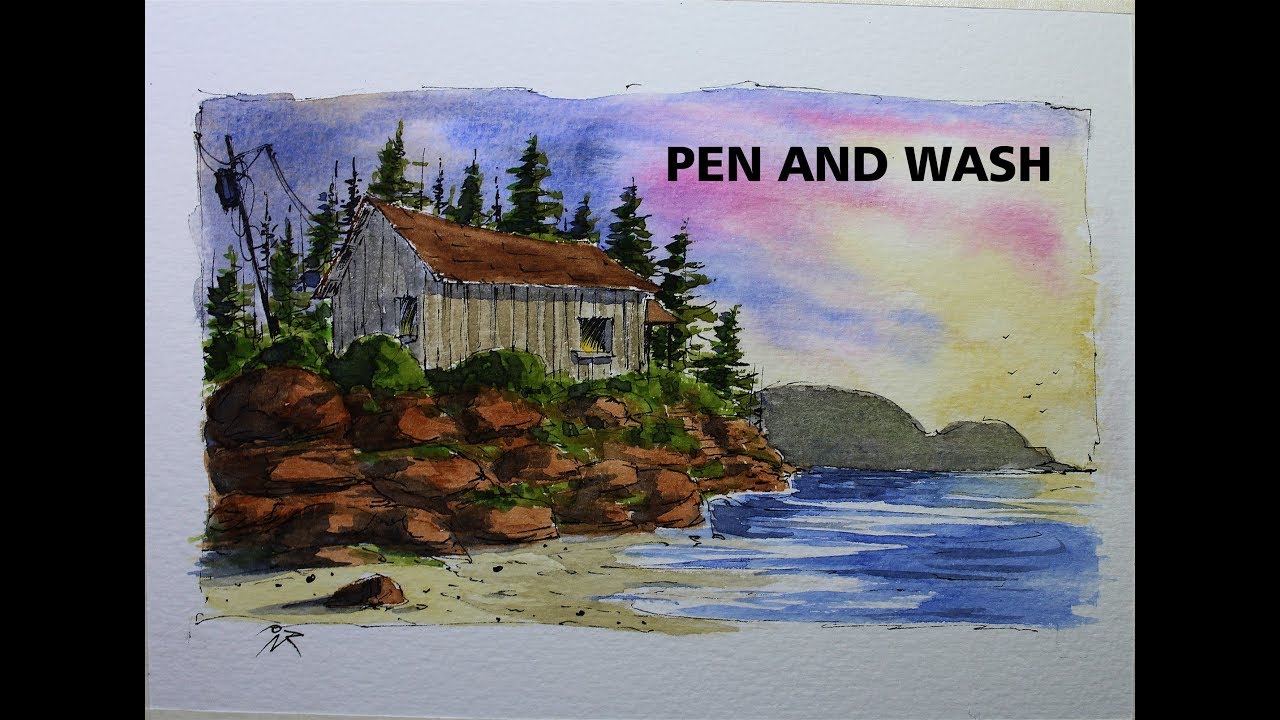 Pen and wash,coast scene,Great for beginner watercolor painting and ...