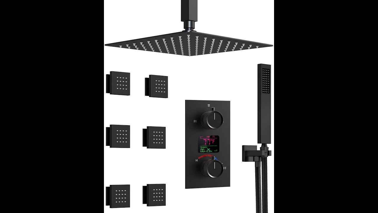 GRANDJOY GJSFS-1015-BK12 Temperature Display 3-Spray Ceiling Mount ...