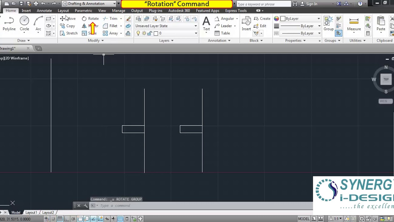 Autocad Lec 027 How To Use Rotate To Rotate An Object Youtube
