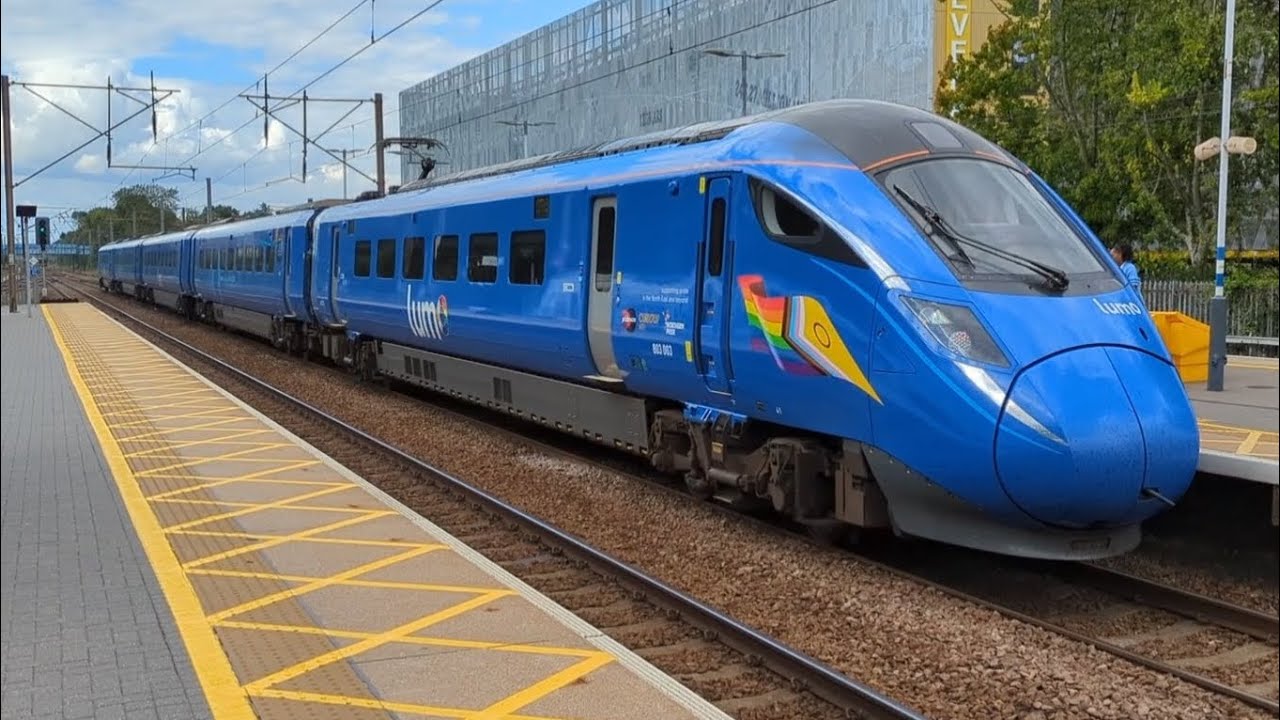Lumo Pride Partnership Train (803003) arriving into Stevenage on 1E84 ...