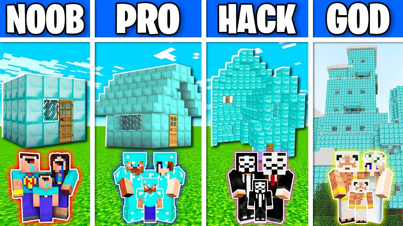 Minecraft: DIAMOND HOUSE BUILD CHALLENGE - NOOB vs PRO vs HACKER vs GOD ...