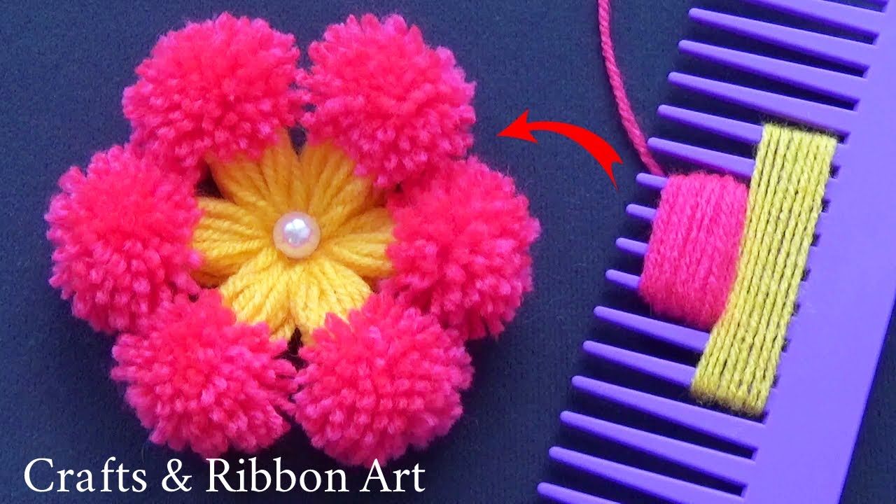 Super Easy Woolen Craft Ideas with Hair Comb - DIY Pom Pom Flower ...