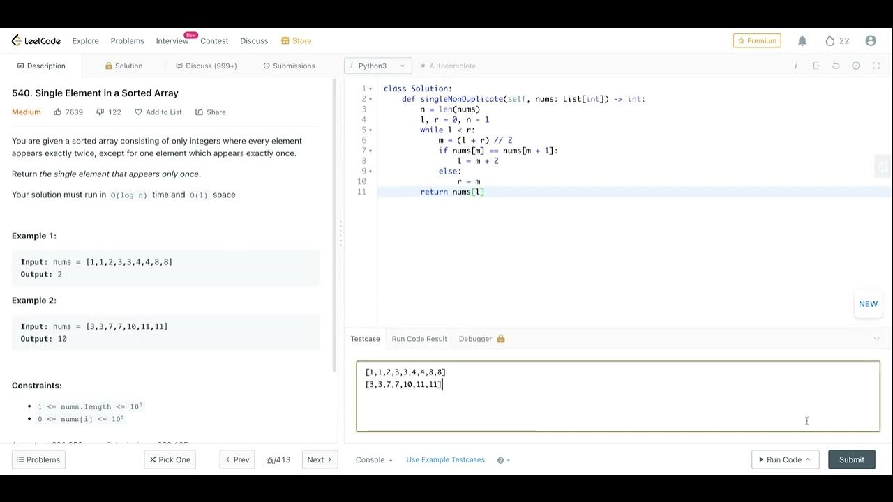 LeetCode February Daily - Day 21. 540. Single Element in a Sorted Array - YouTube