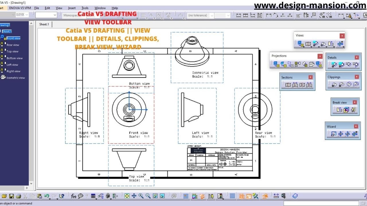 Catia V5 DRAFTING || VIEW TOOLBAR || Details, Clippings, Break view ...