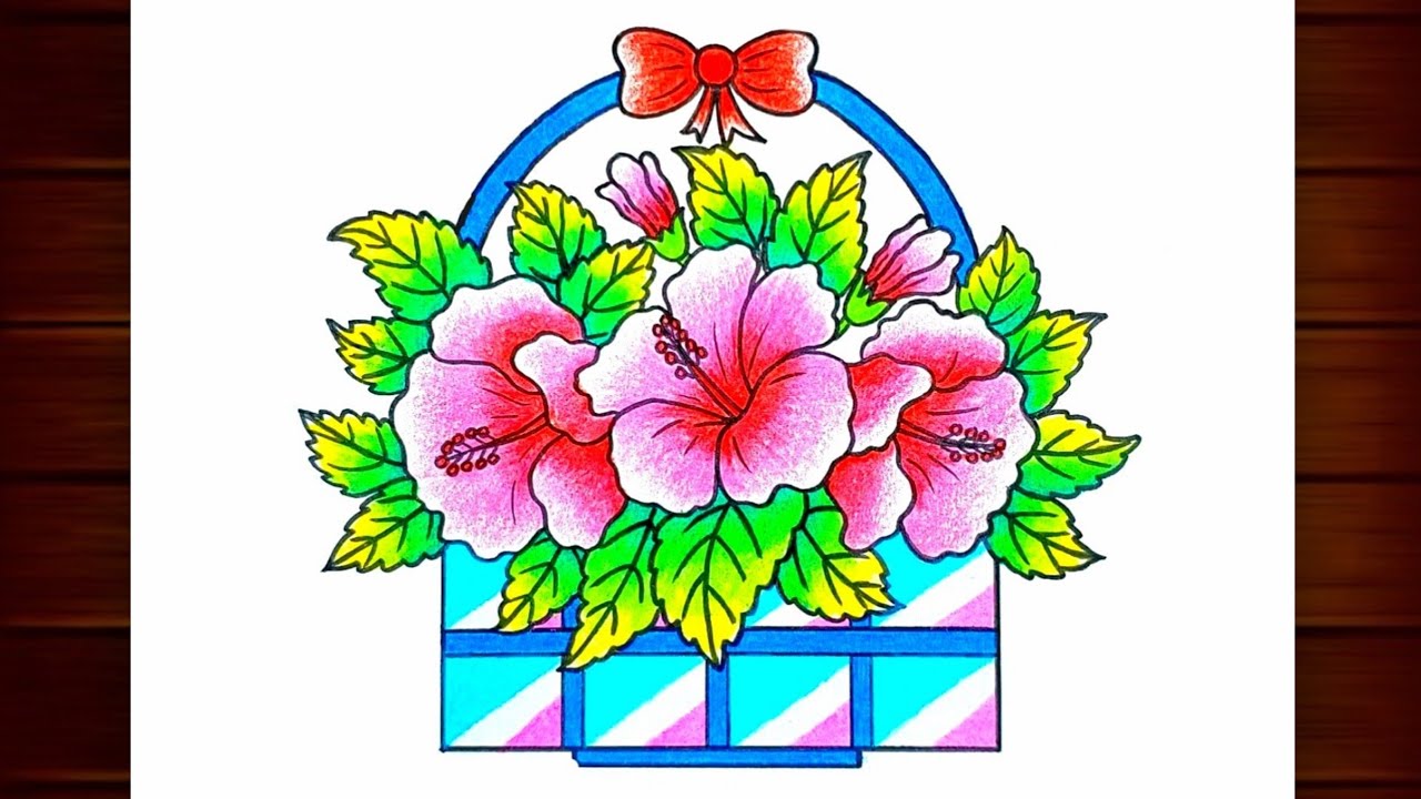 Flower Basket Drawing Colour || How to Draw Flower Basket || Hibiscus ...