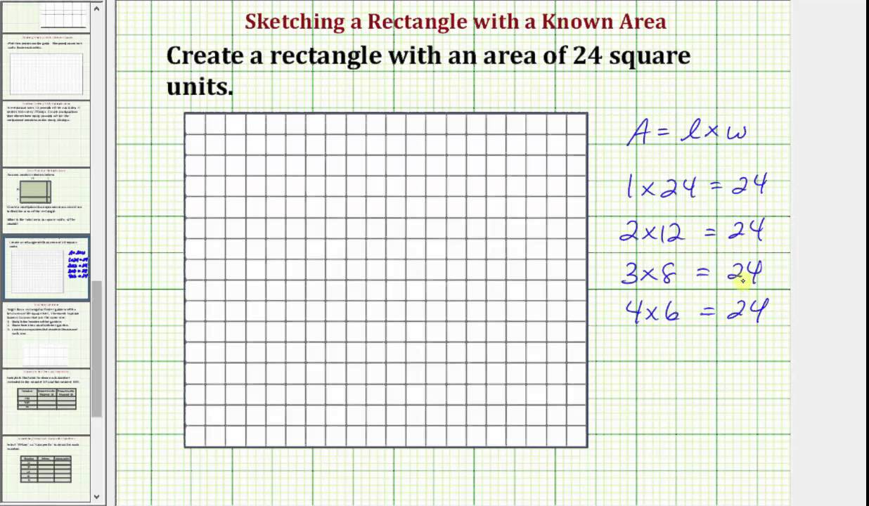 Sketch a Rectangle With a Given Area (Common Core 3/4 Math Ex 17) - YouTube