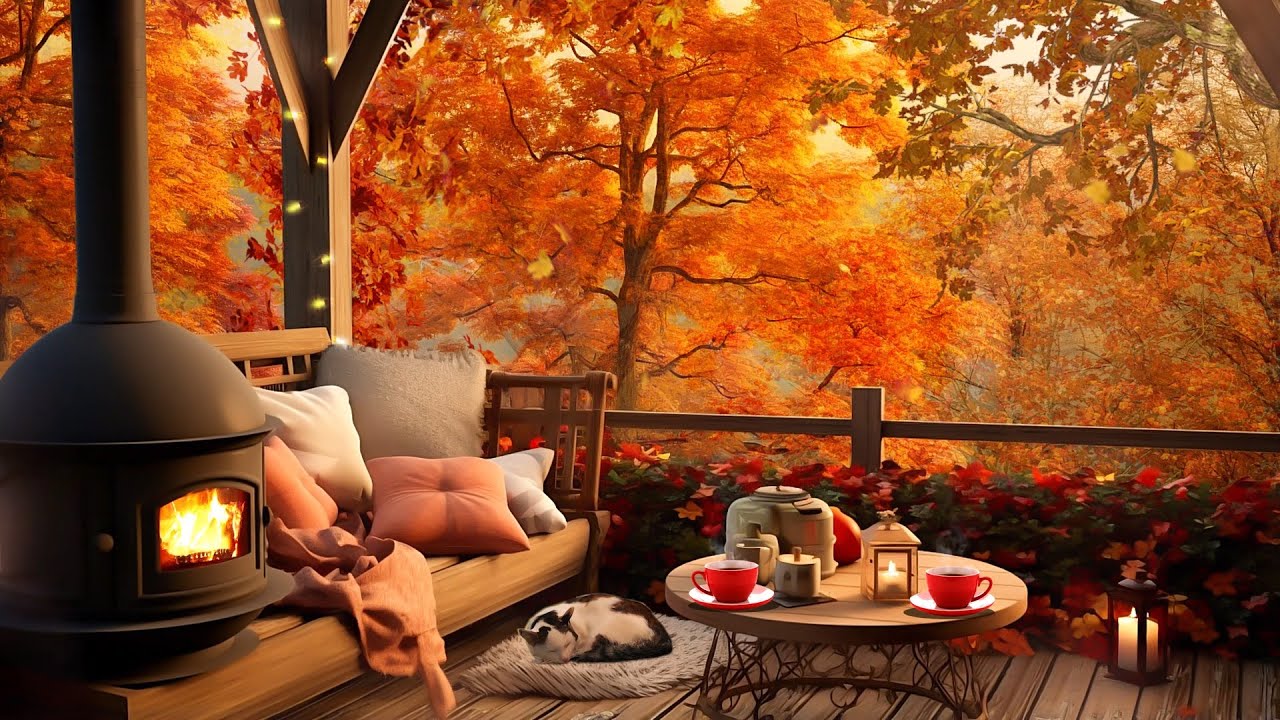Autumn Cozy Ambience On Terrace With Campfire Falling Leaves And