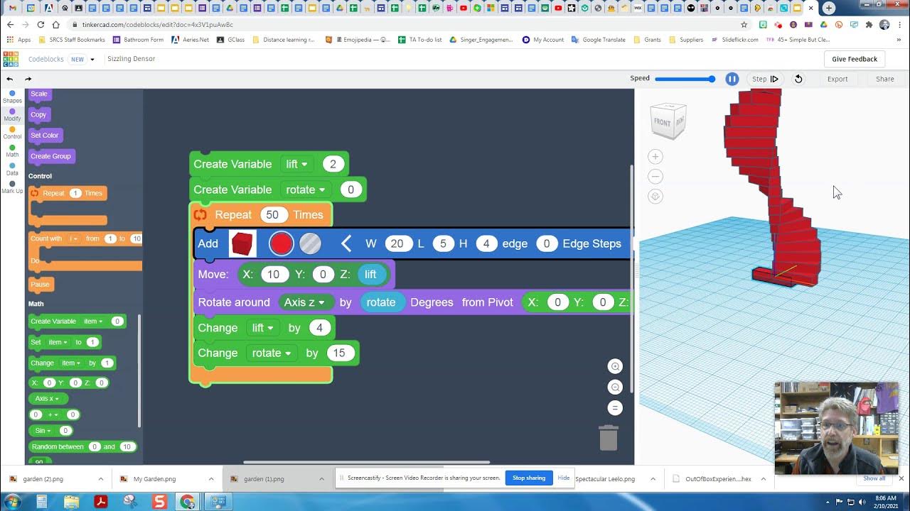 Make a tall spiral staircase using variables and loops in Tinkercad ...