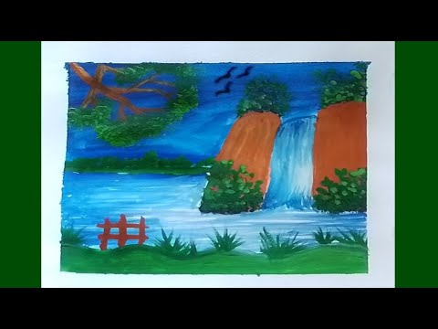 Drawing Scenery | How To Draw Easy scenery waterfall and Sea view ...