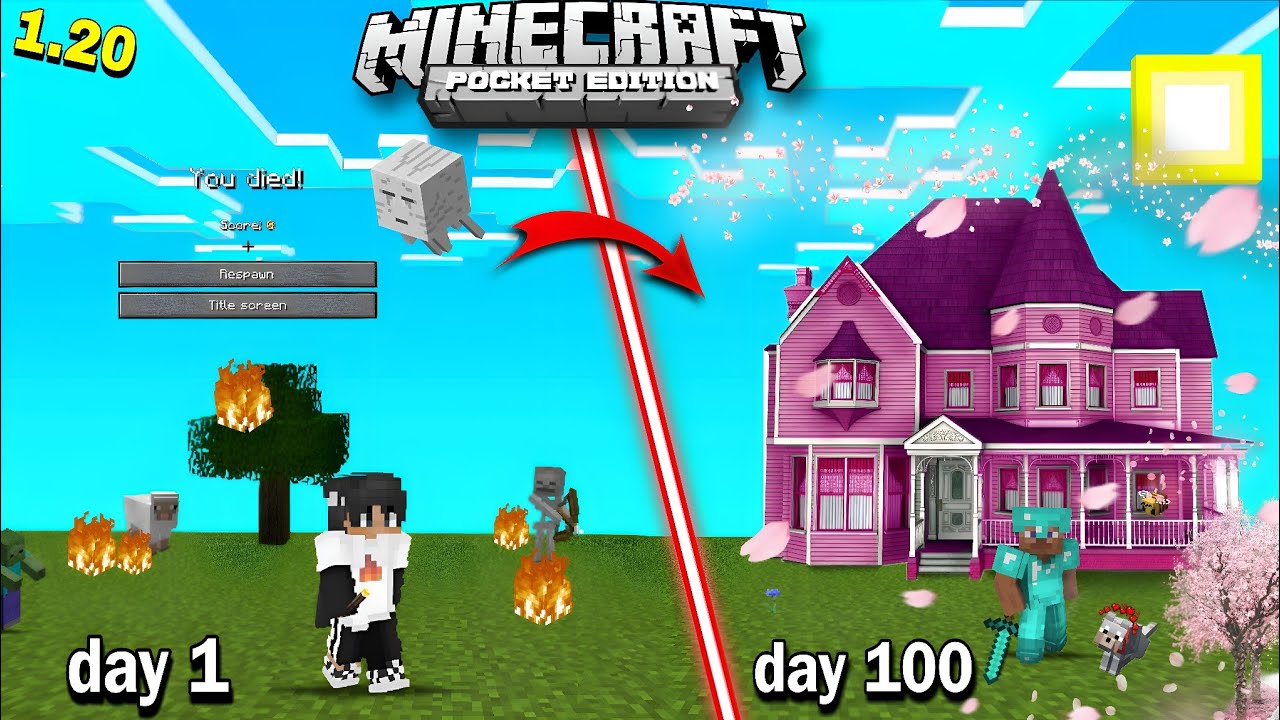 😲EPIC 100 Days in Minecraft Pocket Edition! 💥Insane Challenges, Epic ...