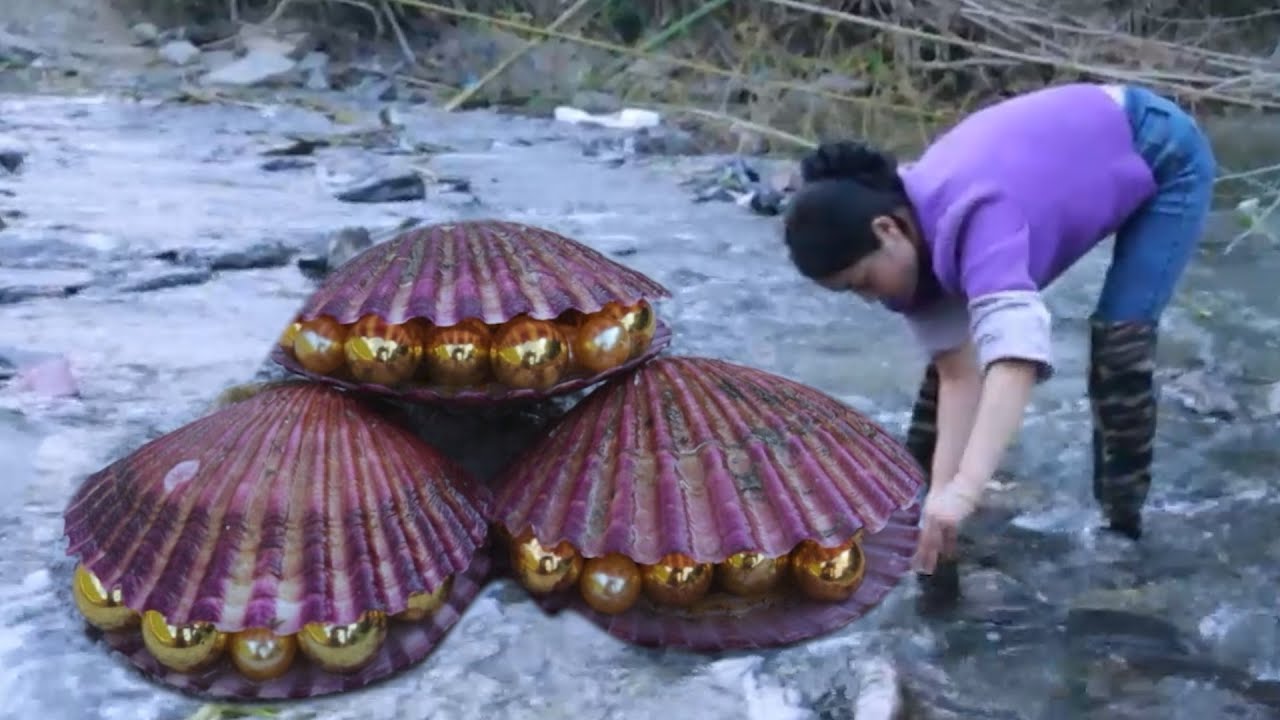 The girl discovered a rare blood clam shell by the river and opened it ...