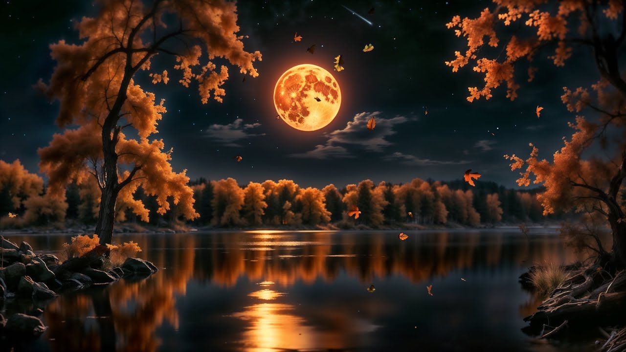 Fall Scenery at Night 🍁 Falling Leaves, Crickets sound - Relaxing Music ...