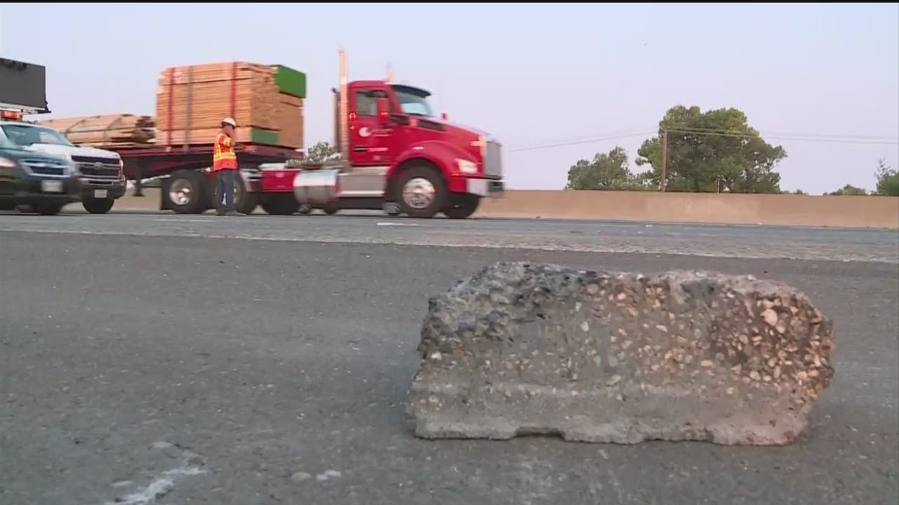 Large Chunk Of Concrete Damages Cars On I-5 - YouTube