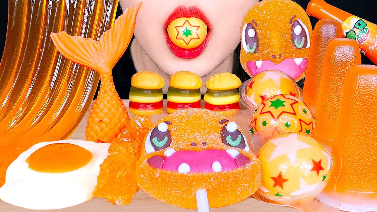 ASMR ORANGE FOOD 주황색 음식 먹방 JELLY NOODLES, MERMAID CHOCOLATE, GUMMY 咀嚼音 ...