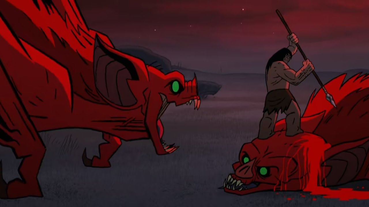 The caveman and the tamed dinosaur fight with red giant bat, The Primal ...