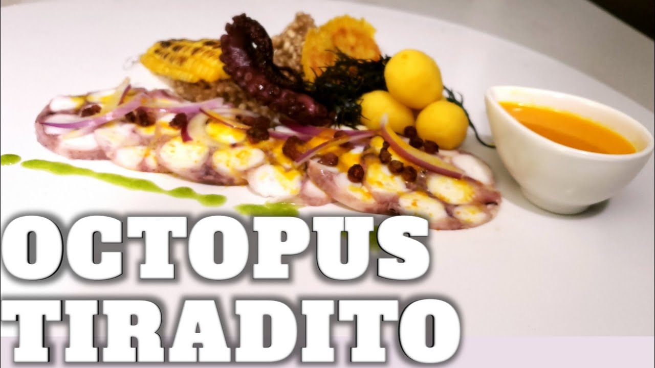 OCTOPUS TIRADITO/OCTOPUS CEVICHE with causa potatoes, puffed barley ...